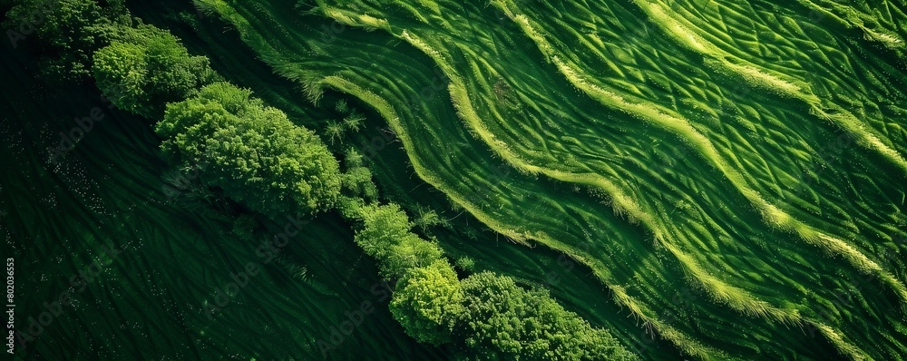 Abstract drawing, top view, green fields, lines, curved, realism style ...