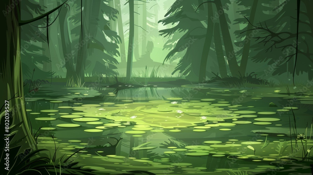 A parallax background swamp in the forest, a 2D landscape where a pond ...