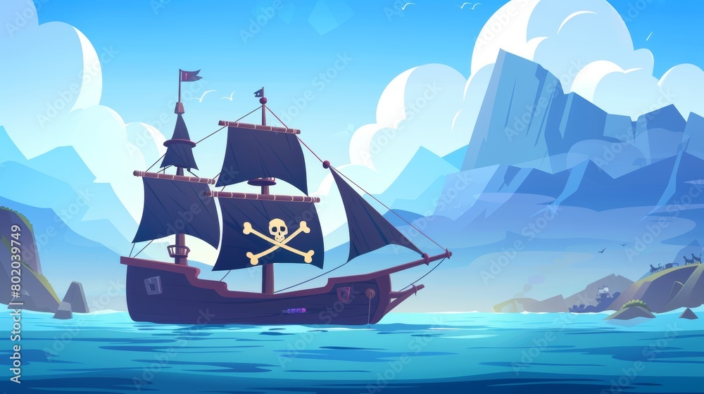 An animated background for a game showing a pirate ship in the sea, a ...