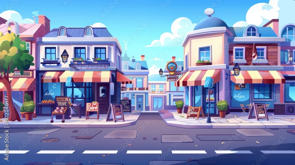 An empty sidewalk, a restaurant facade, and houses with windows and ...