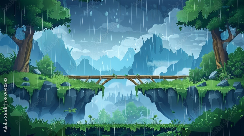 Background log bridge over cliff at rainy weather, 2D landscapes with ...