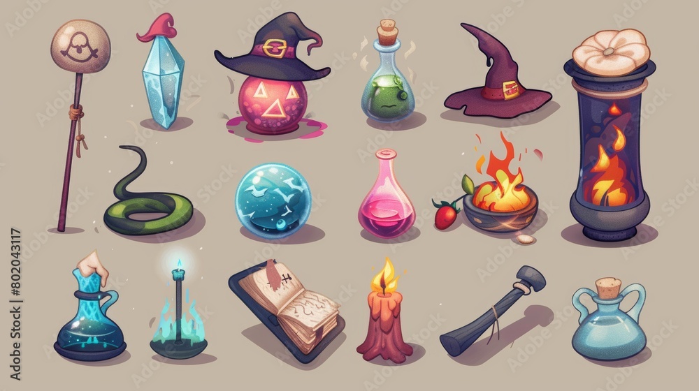 Cartoon magic items: crystal globe, potion bottle, snake, witch hat ...