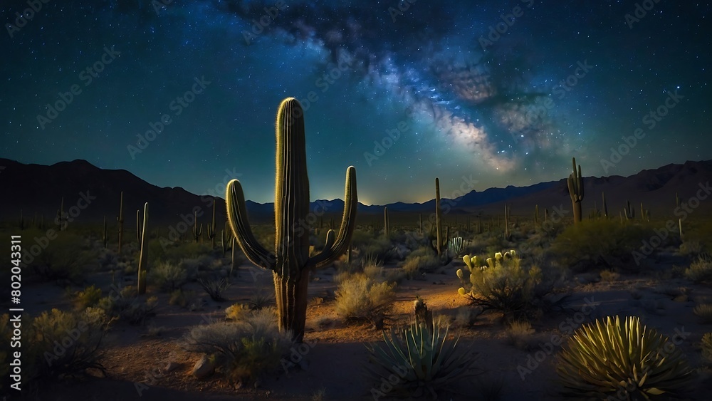 saguaro cactus in the desert at night. starry night sky with a bright ...