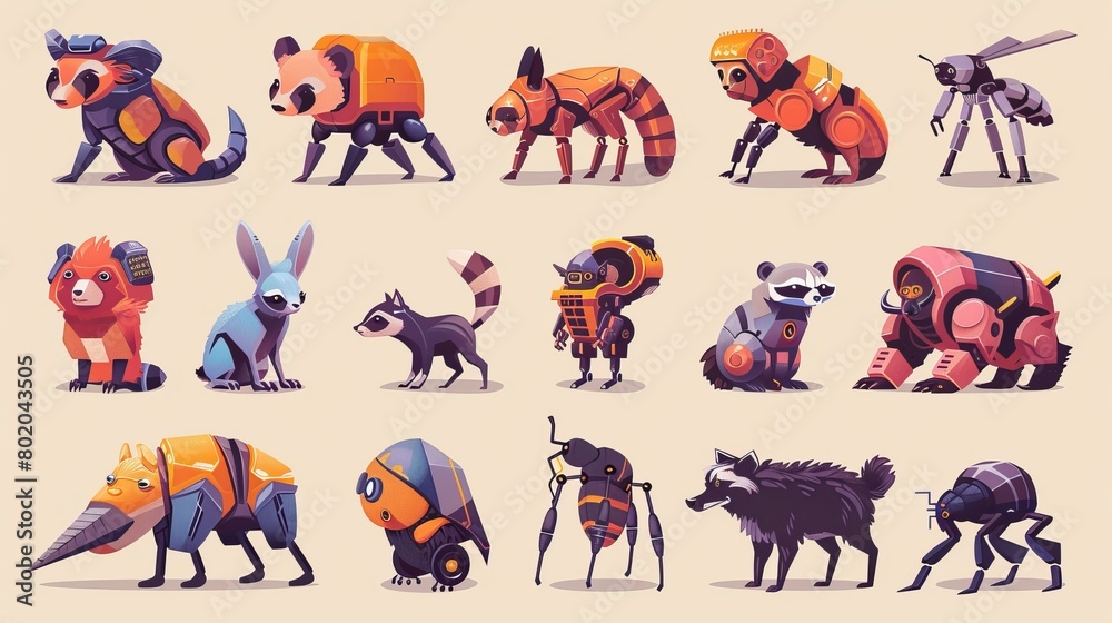 A collection of animal robotics, cyborgs, hare, beaver, boar, raccoon ...