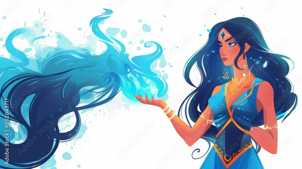 The girl wizard holds the magic blue fire in her hand. A woman with ...