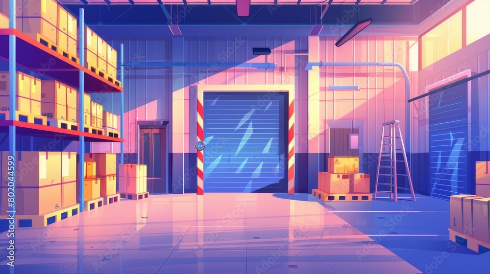 Warehouse interior with metal racks storing goods, a gate with a ...
