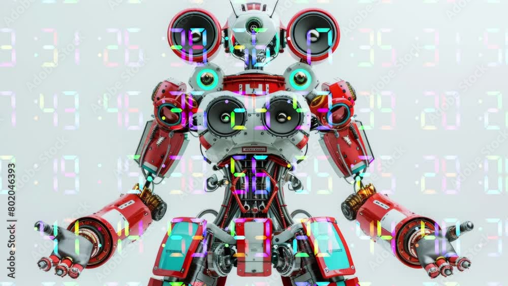 Sequence of Audio robots with speakers and sub woofers on their body ...