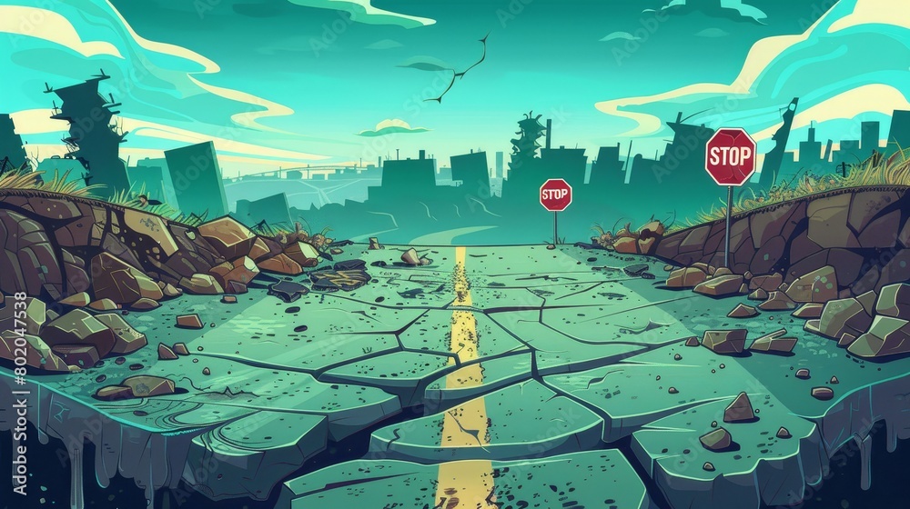 Broken road to city with cracks in asphalt and stop sign. Modern ...