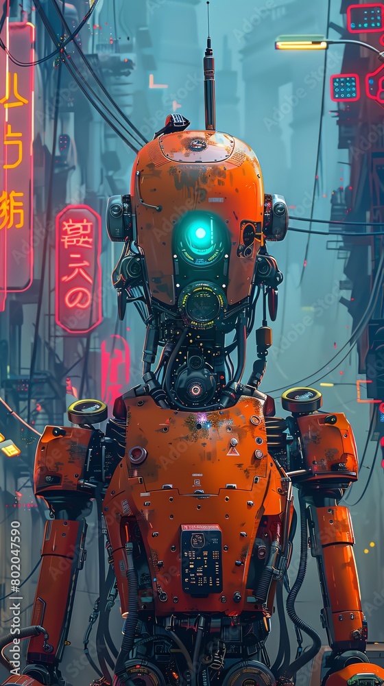 Design a retro-futuristic scene featuring robots in a front-facing ...