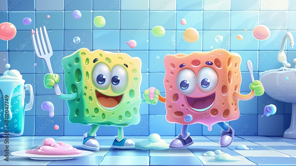Cartoon poster with cute cleaning sponge characters holding fork and ...