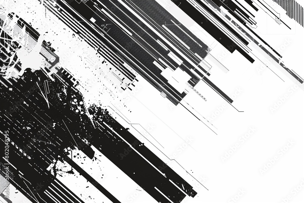 Disrupted black processor lines glitch across a clean white background ...