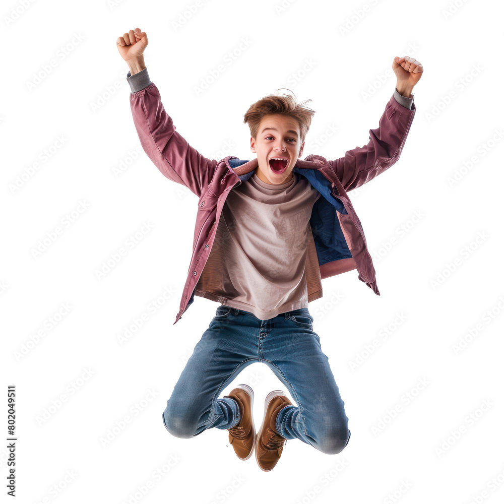 Floated overjoyed teen boy jumping and gesturing happiness isolate on ...