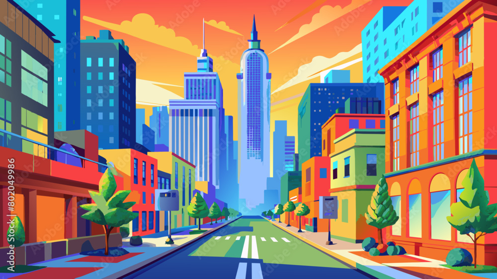 street in the city,Pop art digital style illustration,An urban ...