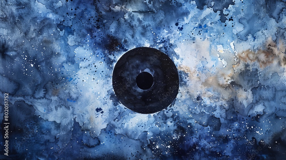 Watercolor of a black hole on a textured cosmic background, salt ...