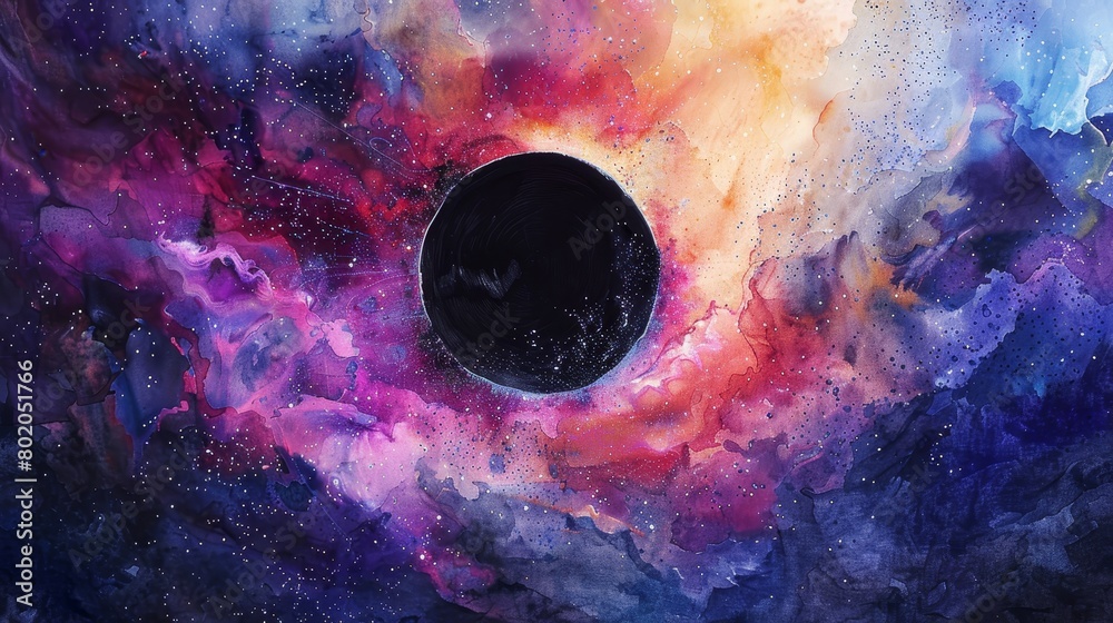 Watercolor of a black hole on a textured cosmic background, salt ...