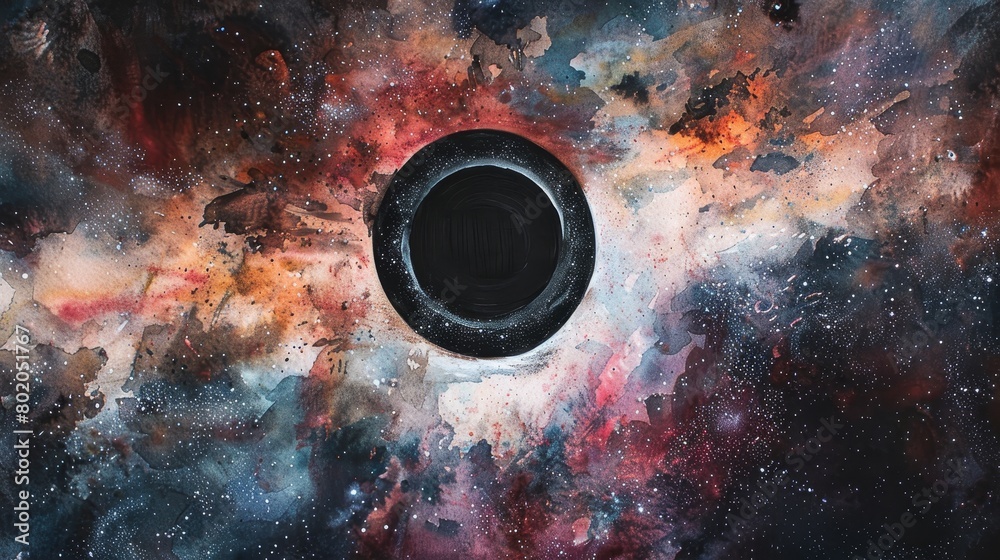 Watercolor of a black hole on a textured cosmic background, salt ...