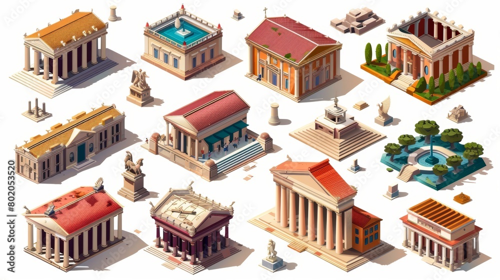 A set of isometric modern icons of Rome monuments in isometric ...