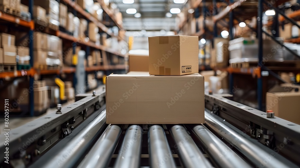Cardboard boxes moving on conveyor belt in warehouse for ecommerce delivery. Concept Ecommerce ...