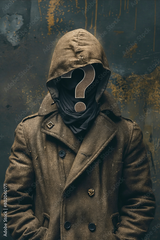 A man in a hooded jacket with a question mark on his face. The image has a mysterious and eerie ...