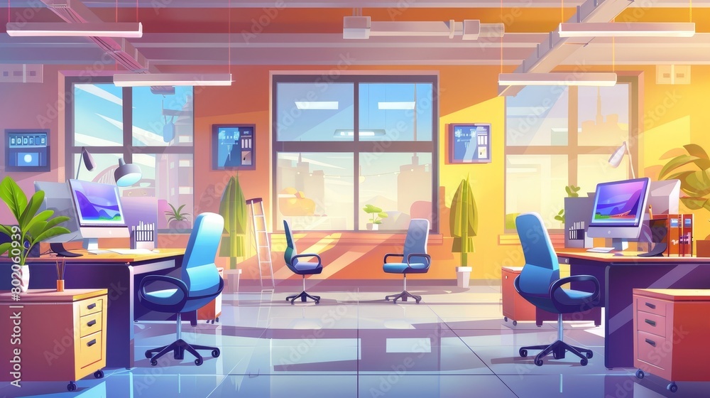 Stylish co-working office with a table and chairs, desk with PC and ...