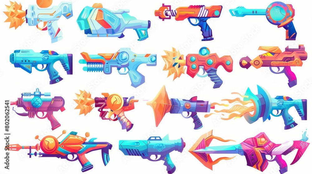 Modern cartoon set of futuristic alien weapons, laser guns and plasma ...