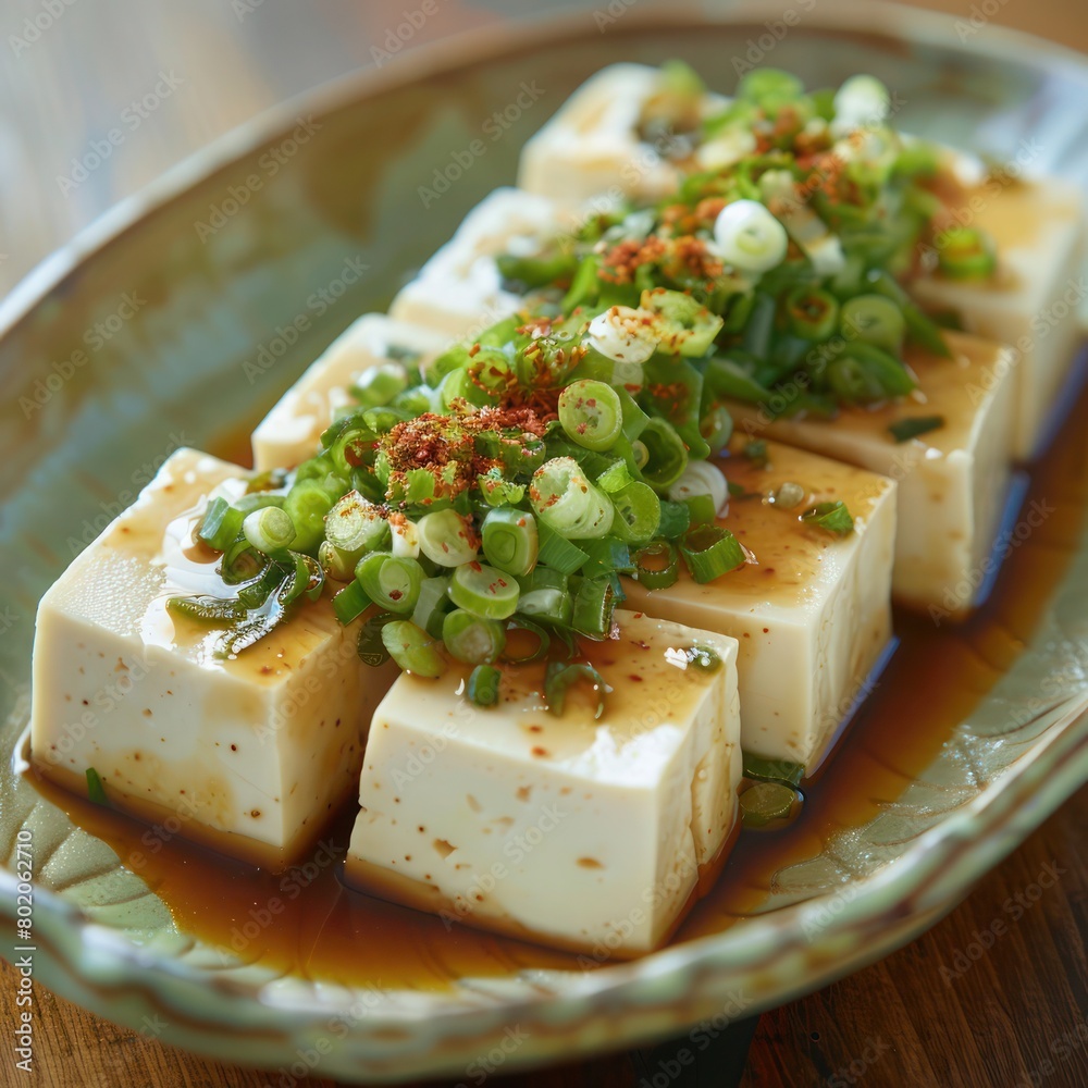Hiyayakko, Chilled Tofu served with chopped chives and drenched in soy ...