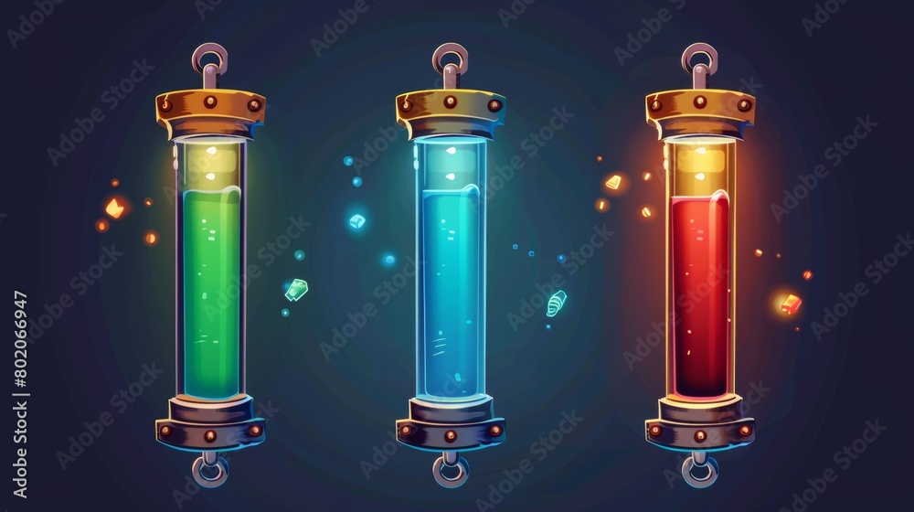 Blue, red, green game progress bars isolated on a black background ...