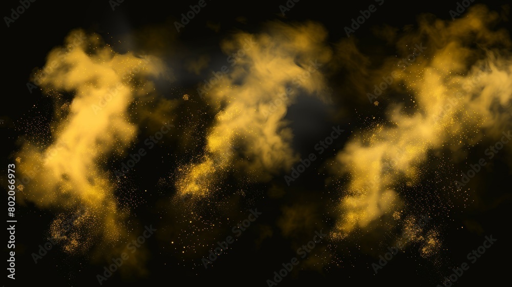 Yellow dust clouds on black background with magic fairy pollen ...