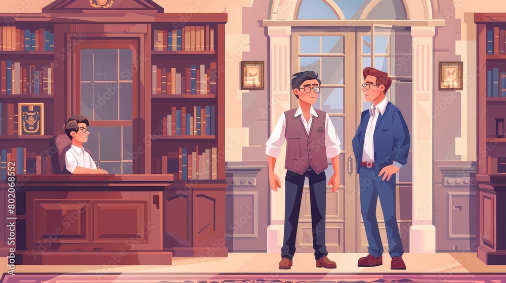 Headmaster meets student in director's office. Angry headmaster talks to guilty boy pupil in ...