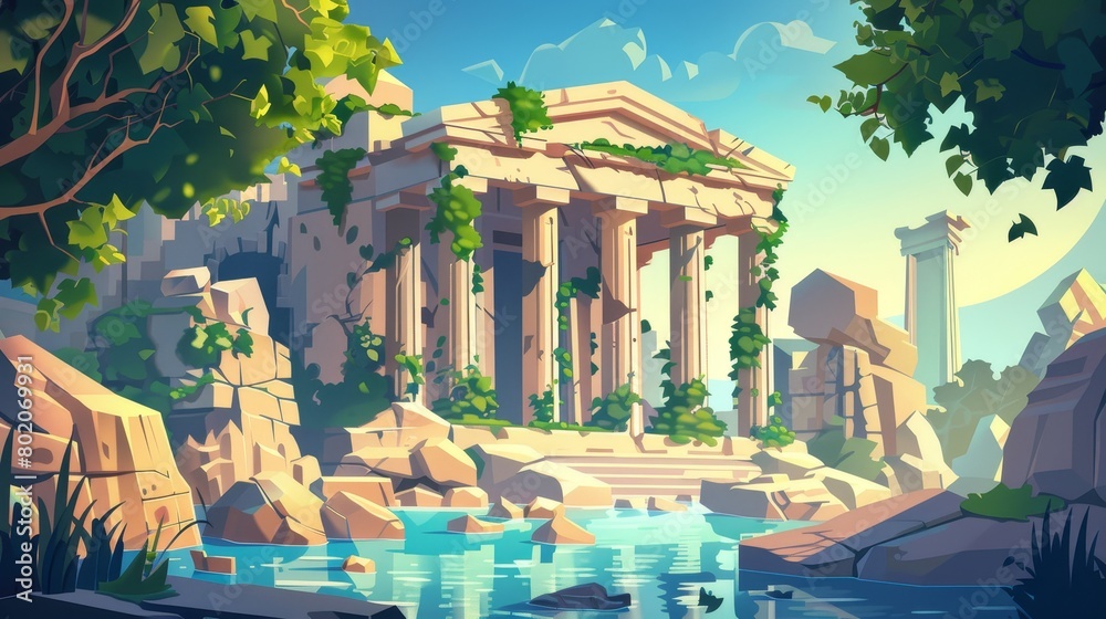 Ivy vines entwined in a ruined temple, broken columns and destroyed ...