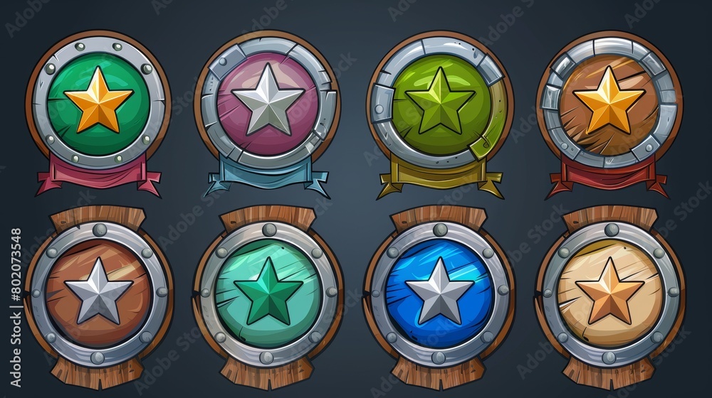 Cartoon set of game badges with different ranks isolated on a dark blue ...