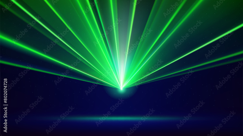Laser light show. Bright led laser beams, dj light party. Blue ...