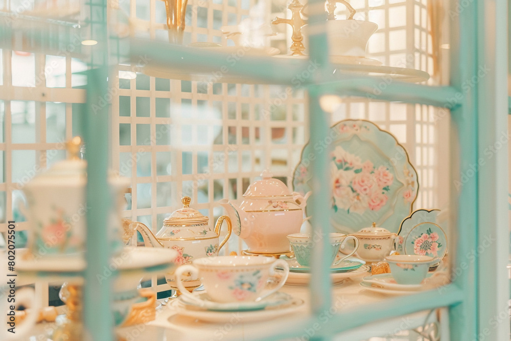 Lattice window view into a traditional tea room with pastel hues and ...