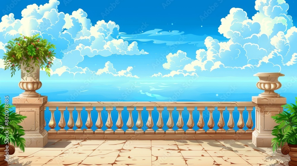 Sea and cloud in the sky on the hotel terrace. Summer early morning ...