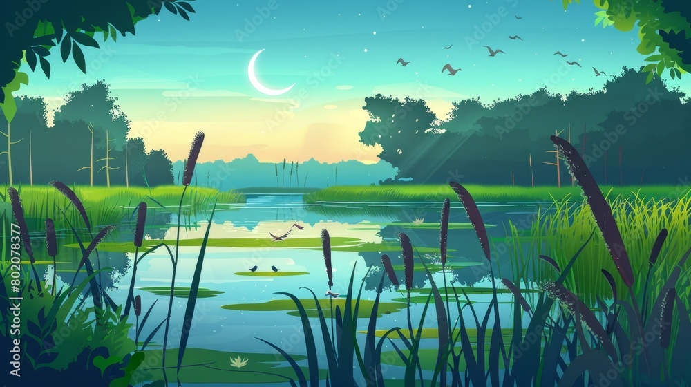 Wild nature landscape with crescent and flying birds. Early morning ...