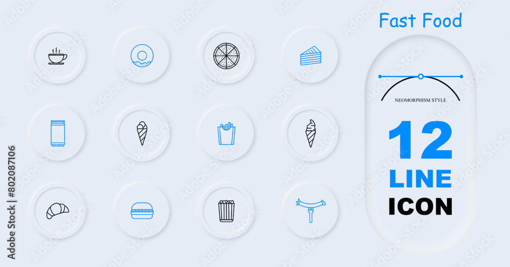Fast food set icon. Fats, carbohydrates, cup of coffee, pizza, ice ...