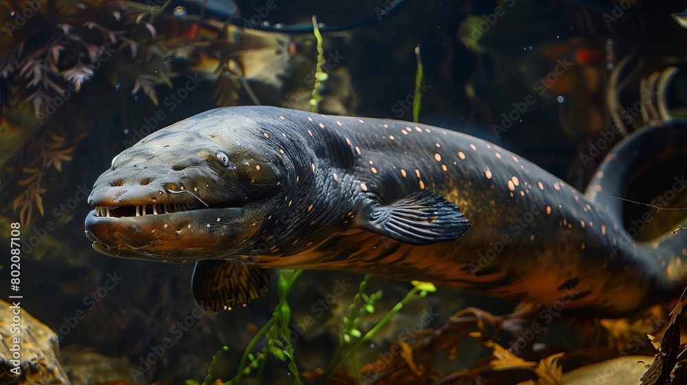 Electric eel emitting pulses in murky waters, a display of natural ...