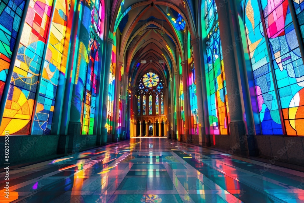 A historic cathedral in pop art style, vibrant stained glass, bold ...