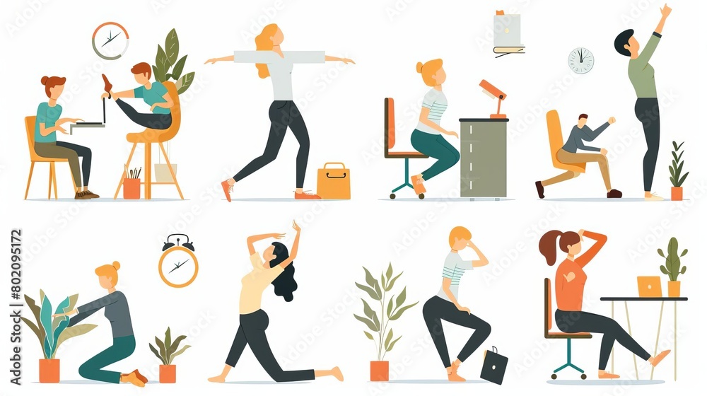 Set of different people practicing workout at workplace vector flat ...