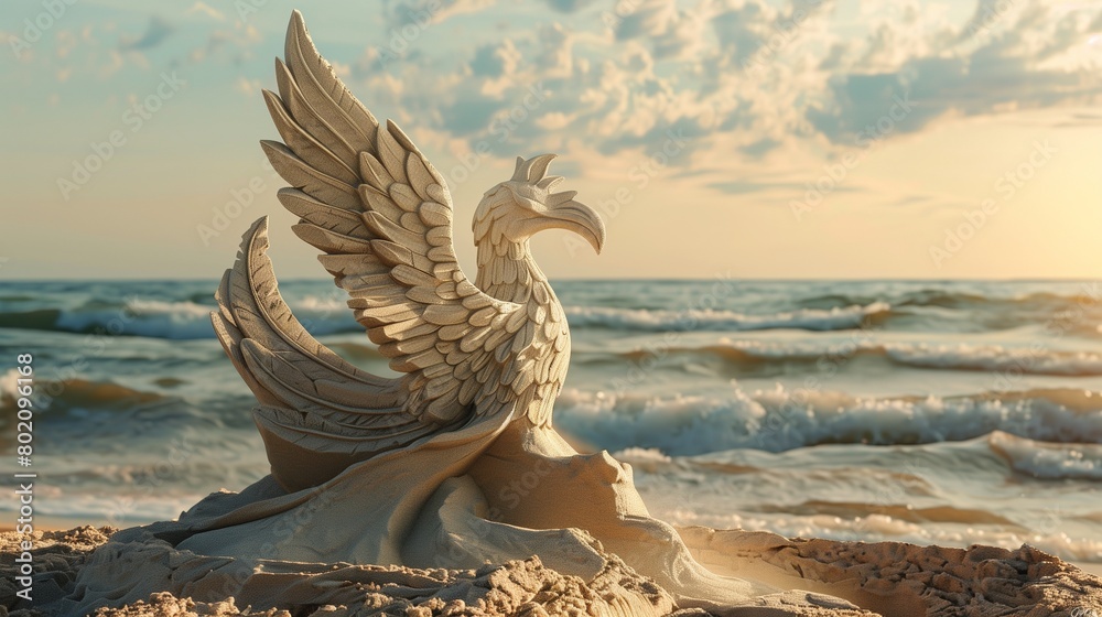 A beachside sand sculpture, depicting a mythical creature emerging from ...