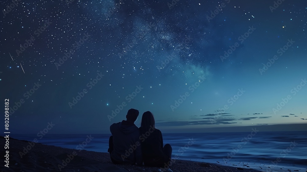 A couple stargazing from a secluded beach, counting shooting stars in ...