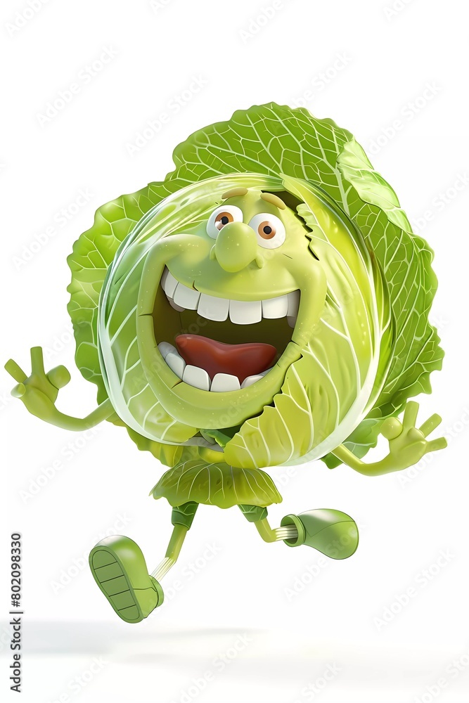 cabbage cartoon character with stylized jumping into the air, 3d ...