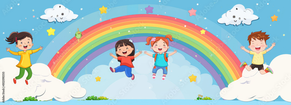 Cute cartoon style drawing of happy children jumping in front of the ...