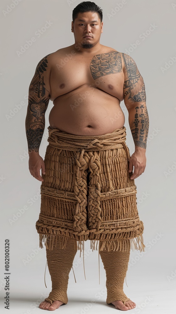 Tall and muscular sumo wrestler stands confidently, shirtless, in his ...