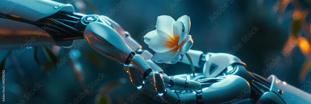 In this closeup cyber concept, an uncanny robotic hand touches a ...