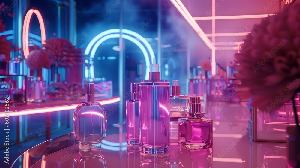 Neon pink lights frame a tiered display of designer perfumes, casting a ...