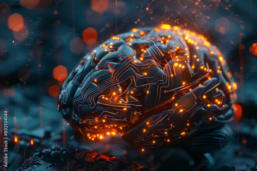 This image portrays a miraculous closeup cyber concept of a human brain ...