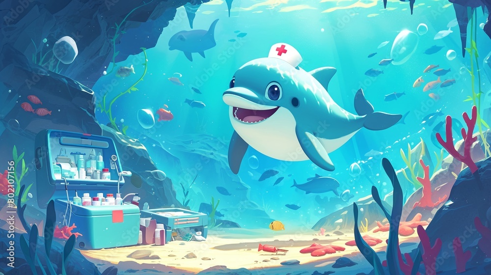 Playful nurse dolphin organizing medical supplies in a submerged cave ...