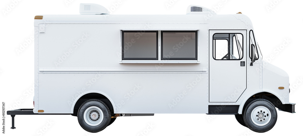 Side view of a white food truck on a plain white background Stock ...