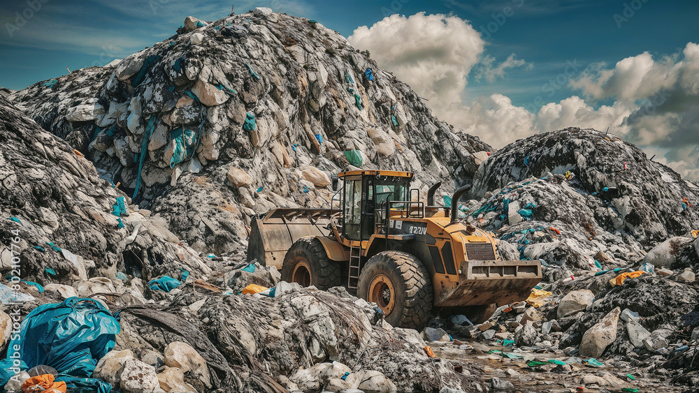Yellow bulldozer managing a massive landfill site with scattered waste ...